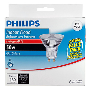 Philips 415760 50-Watt Halogen Indoor Flood MR16 GU10 Base 120-Volt Light Bulb, 6-Pack