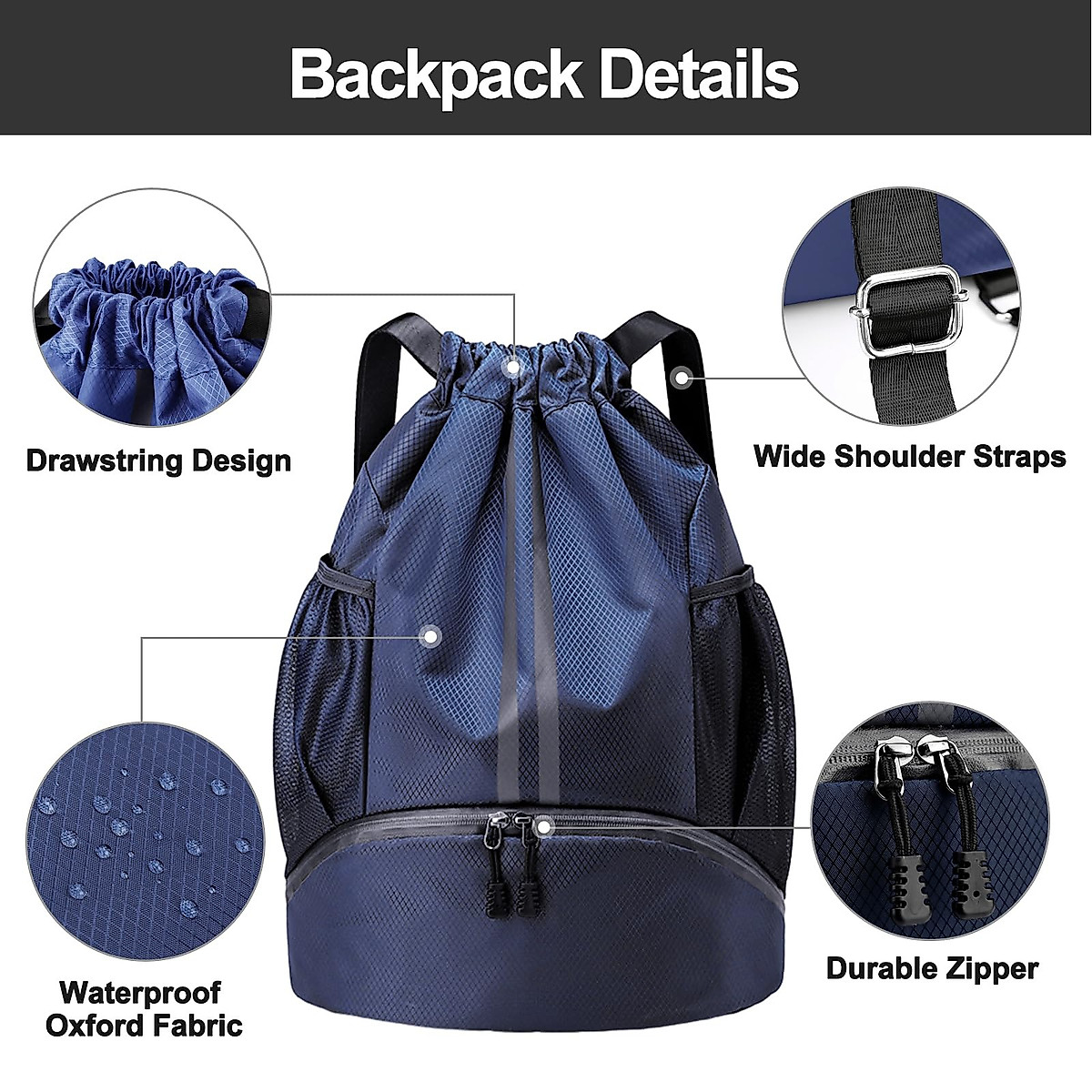Hoedia Sports Drawstring Backpack - String Swim Gym Bag with Shoes Compartment and Wet Proof Pocket for Women/Men (Navy Blue)