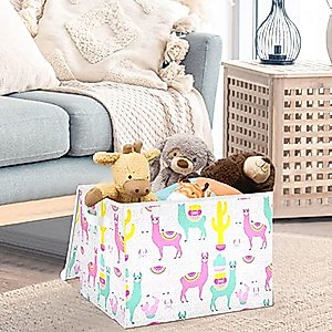 CaTaKu Llama Cactus Cute Storage Bins with Lids Fabric Large Storage Container Cube Basket with Handle Decorative Storage Boxes for Organizing Clothes Shelves