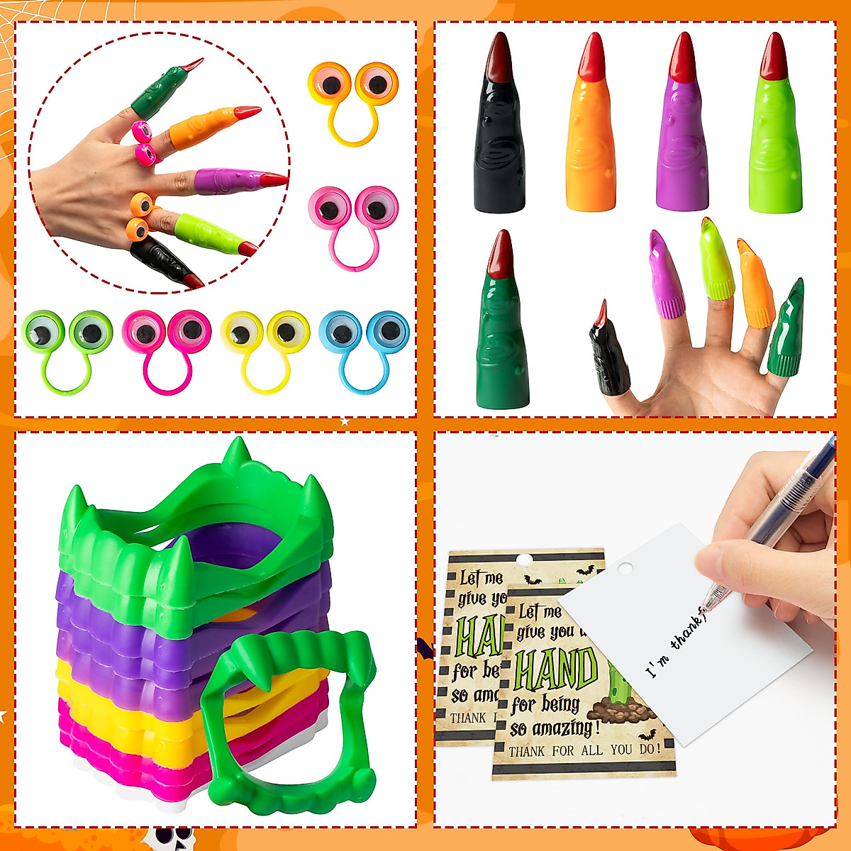 ANGOLIO 169Pcs Halloween Party Favors for Kids, Trick or Treat Toys Giveaways Eye Ring Witch Gloves Vampire Dentures Decorated Goodie Bag Stuffers Halloween Parade