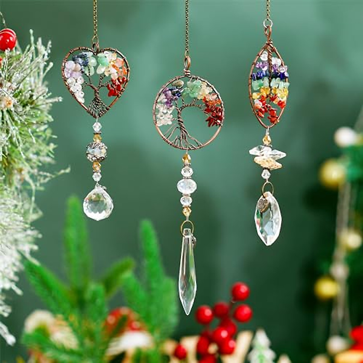 H&D HYALINE & DORA Handmade Chakra Suncatcher Window Hanging Crystal Drop Prism Ornaments,Pack 3pcs