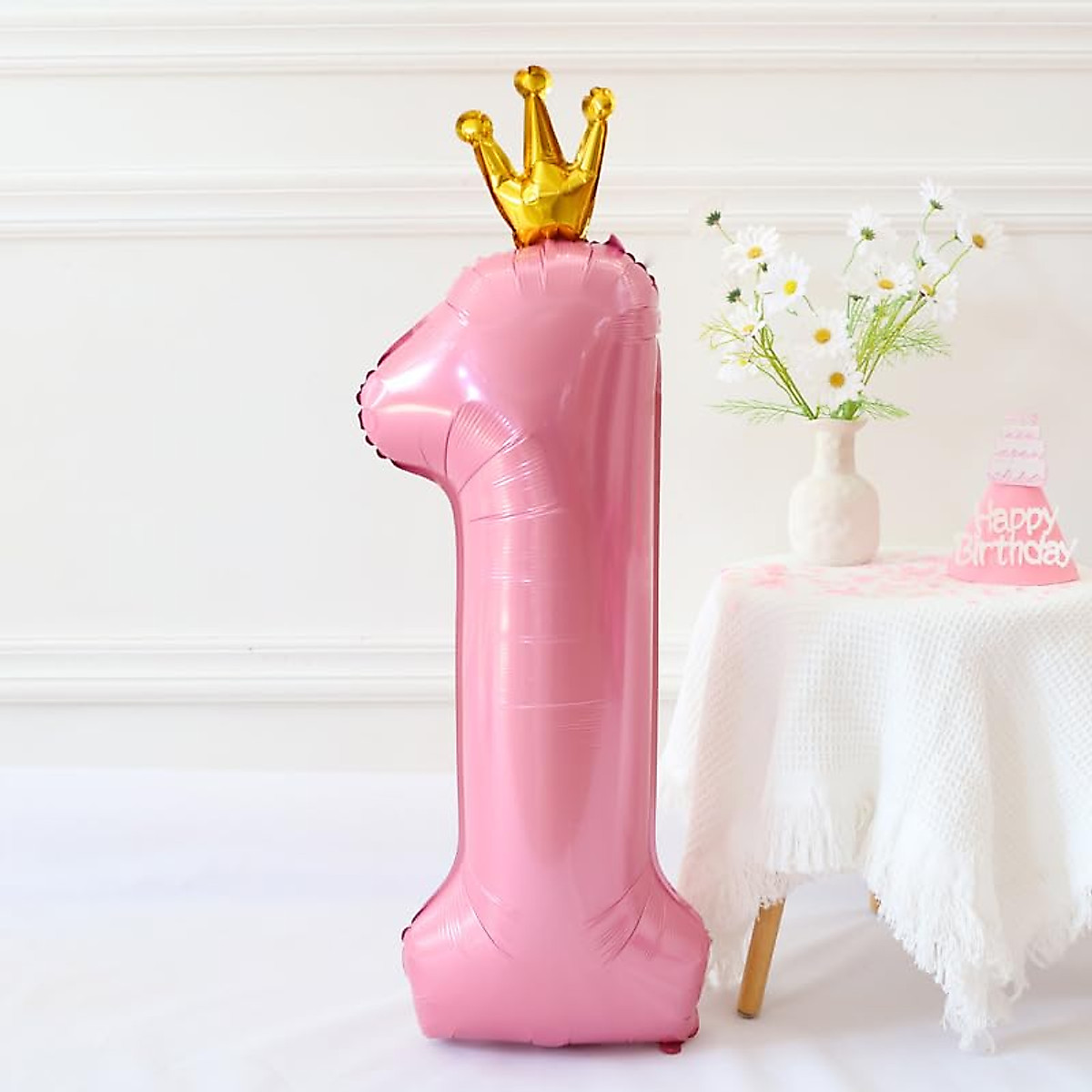 40 Inch Crown Pink Number 1 Balloon, Big Conjoined Baby Pink Foil Mylar Helium 1 Balloon | Girls 1st Birthday Balloon Pink Princess Theme Baby Shower First Birthday Party Decorations Supplies