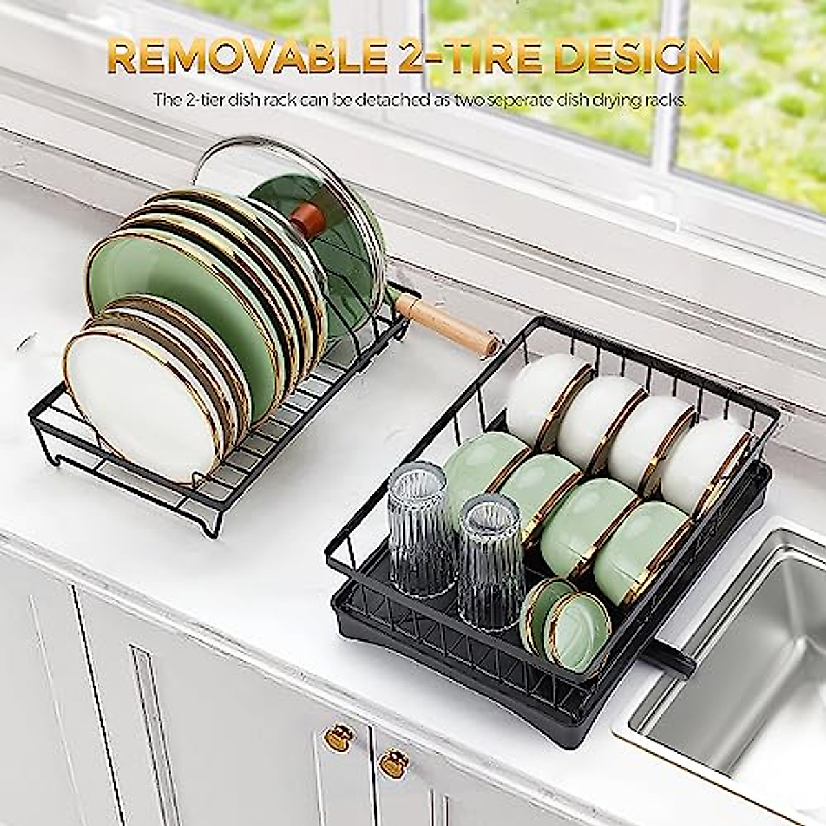 Dish Drying Rack, 2 Tier Dish Racks for Kitchen Counter, Dish Drainer Dish Rack with Pots & Pans Holder, Large Dish Drying Rack with Drainboard Utensil Holder Cup Holder Cutting Board Holder - Black