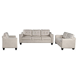 3Pieses Mid-Century Modern Sofa Sets Linen Fabric Tufted Back Sofa&Couch Include 3 Seaters Couch, Loveseat and Armchair with Rivets Rivets for Home Apartment Office Living Room