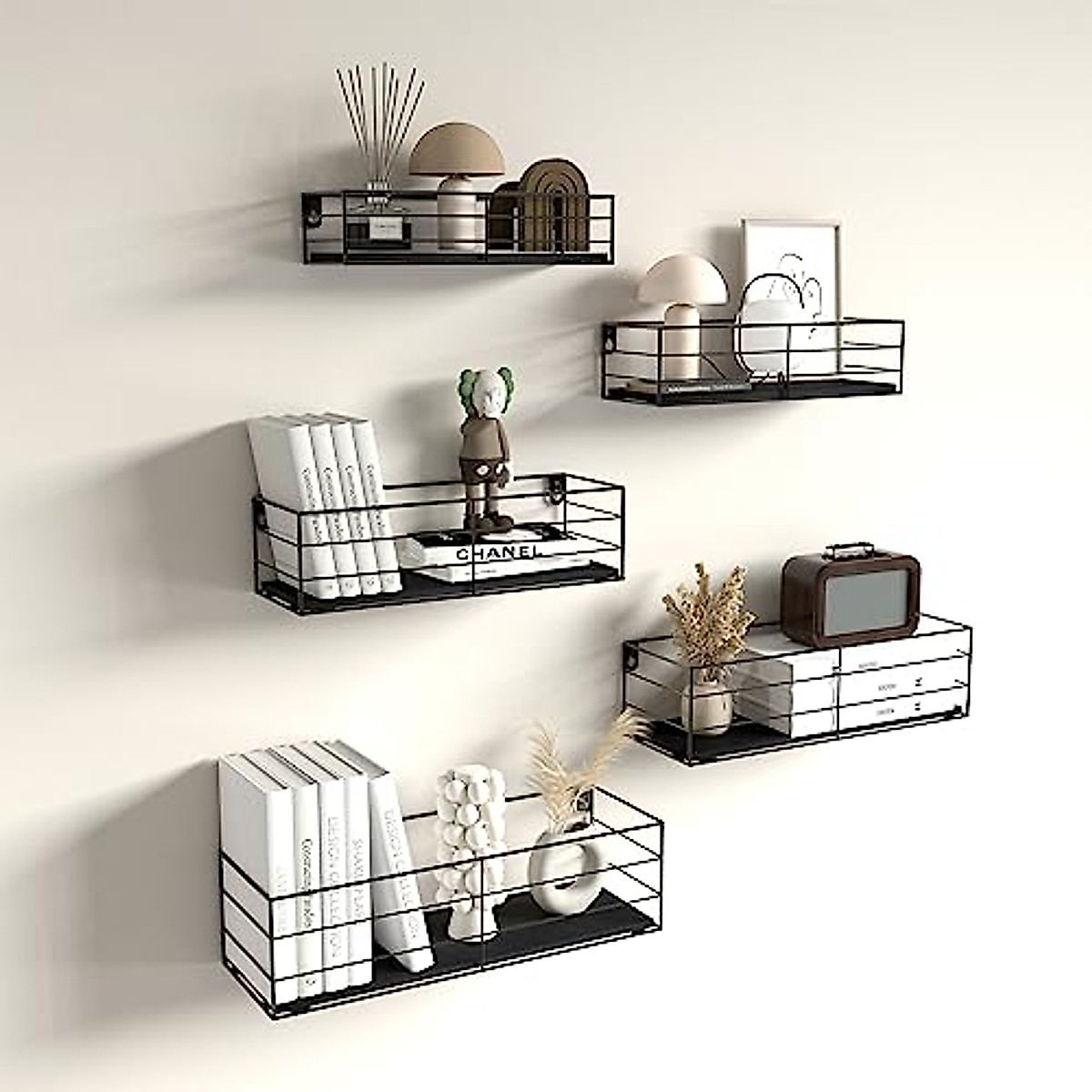 CRUGLA Floating Shelves Wall Mounted Set of 5, Black Hanging Storage Wall Shelf for Bathroom, Kitchen, Bedroom, Living Room Home Decor