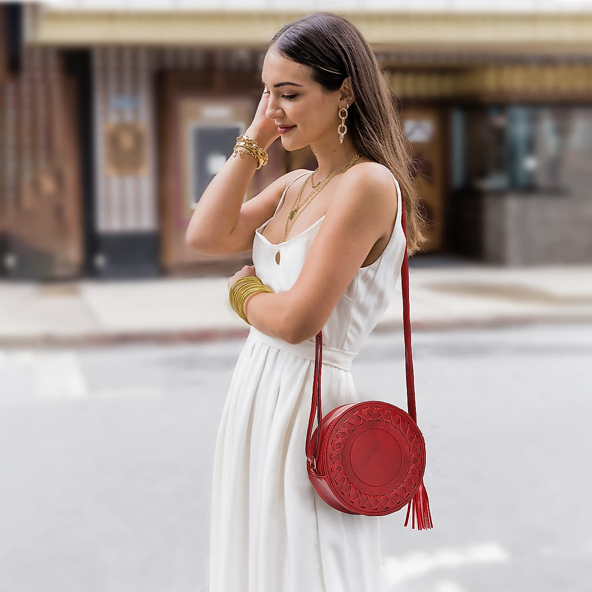 JOSEKO Women Crossbody Bags, PU Leather Zipper Shoulder Bag Round Cell Phone Purse with Tassel Red 7.48''(L) x 7.48''(W) x 2.75''(H)