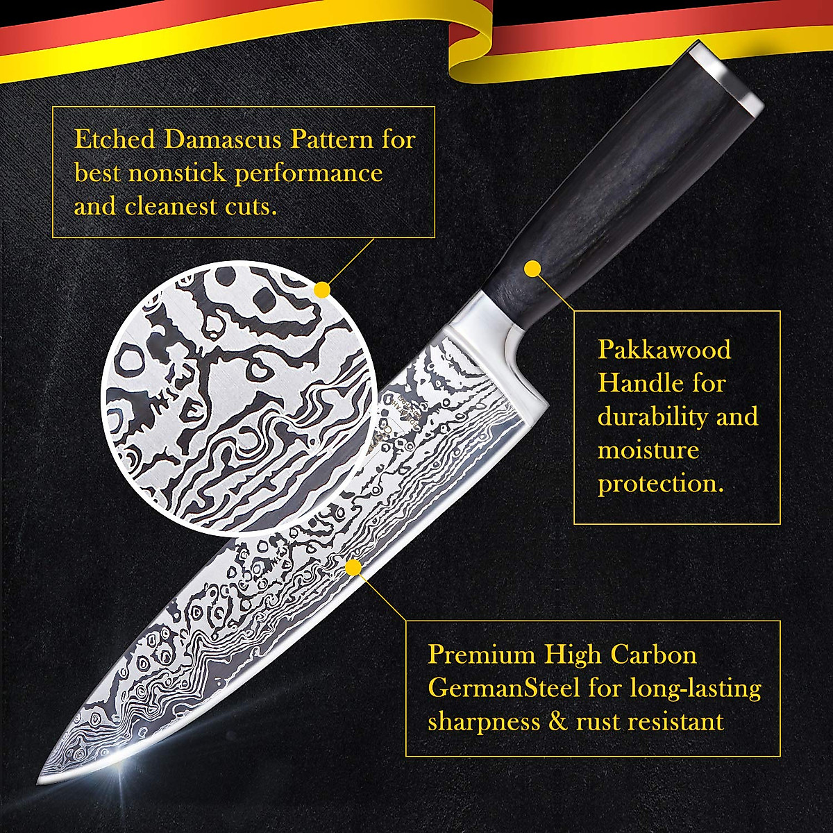 MICHELANGELO Super Sharp Professional Chef's Knife with Etched Pattern, High Carbon Stainless Steel Japanese Knife, Chef Knife for Kitchen