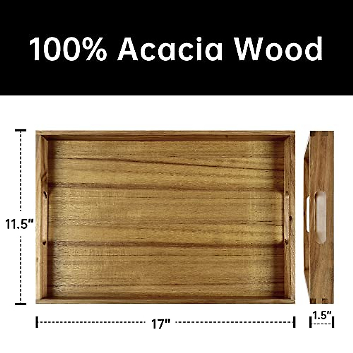 KITEISCAT Acacia Wood Serving Tray with Handles - 17-Inch Decorative Wooden Tray - Perfect for Breakfast, Lunch, Dinner, Appetizers, Patio, Ottoman, Coffee Table - Durable Living Room and Couch Tray