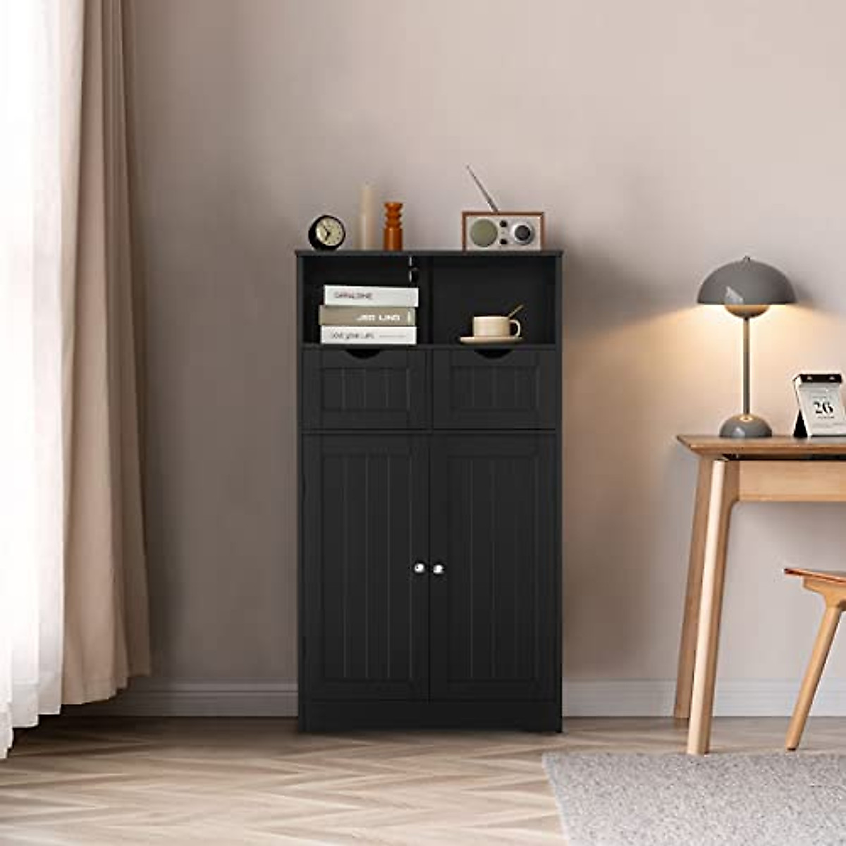 Iwell Large Bathroom Cabinet, Bathroom Storage Cabinet with 2 Drawers & 2 Shelves, Bathroom Floor Cabinet with 2 Doors for Living Room, Bedroom, Kitchen, Black