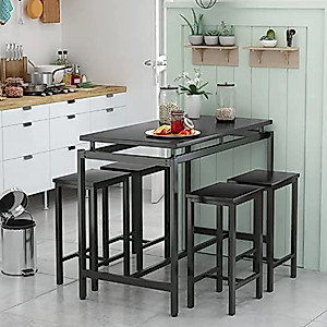 LinkRomat Dining Room Table Set, Bar Dining Table Set for 4, Industrial Kitchen Table with 4 Square Stools, 5 Piece Height Pub Dinner Table Set for 4, Bistro Table and Chairs for Small Spaces, Black
