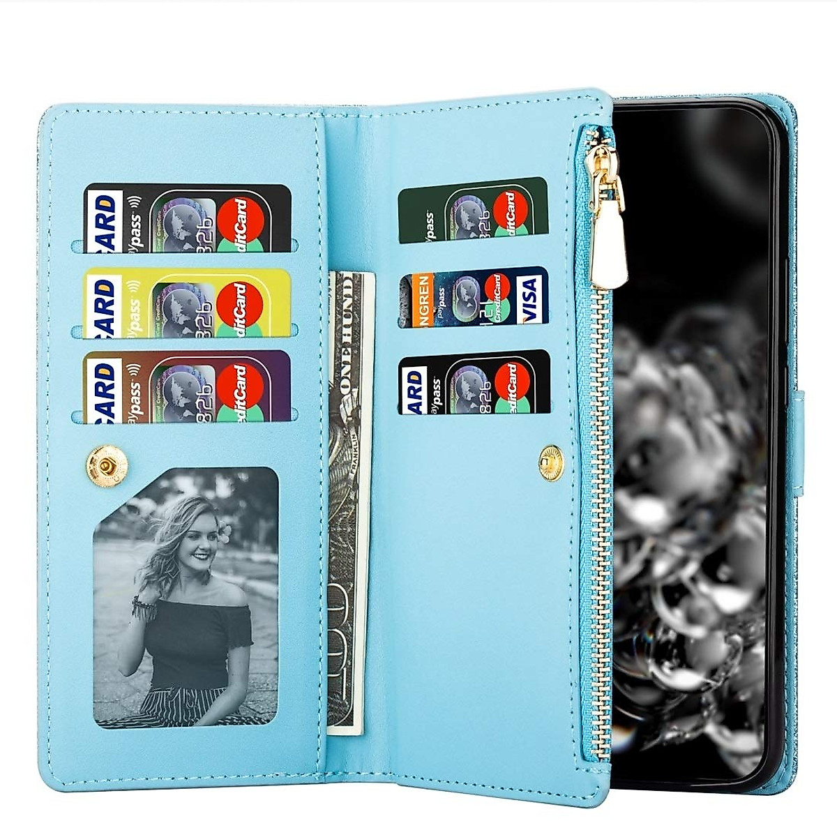 BOYUHII Silicone Protective Case for Phone for Samsung Galaxy A40 Multi-Card Slots Starry Sky Laser Carving Glitter Zipper Horizontal Flip Leather Case with Holder & Wallet & Lanyard ATCYE