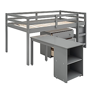 Harper & Bright Designs Low Loft Beds with Desk, Study Twin Size Loft Bed with Storage Cabinet,Wooden Junior Loft Bed Twin for Kids Girls Boys,Gray