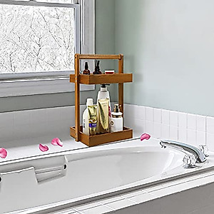 Utoplike Teak Wood Bath Mat, Wooden Shower Mat for Bathroom 24 x 16 inch Non Slip and Shower Caddy Corner, 2 Tier Bathroom Organizer Countertop Set