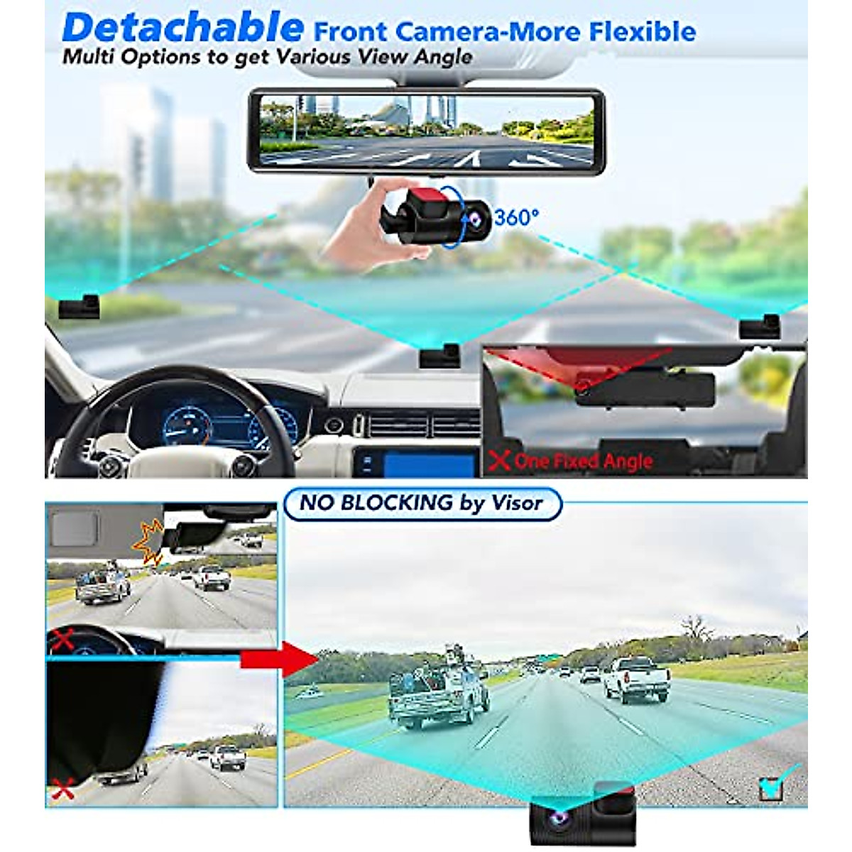 PORMIDO Mirror Dash Cam 12" with Detached Front Camera,Anti Glare Full Touch Split Screen HD 1296P,Car Backup Rear View Mirror Camera Dual Lens with Sony Sensor,Super Night Vision,Parking Assistance