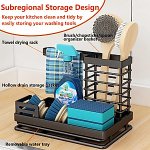 CIT ZCFYU Kitchen Sink Caddy Sponge Holder, Sink Caddy Kitchen Sink Organizer Stainless Steel, Dish Sponge Holder with Dishcloth Rack, Removable Drain Tray for Sponge, Gifts for Women & Men, Black