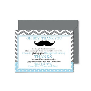 15 Mustache Thank You Cards with Grey Envelopes - Stationery for Boys Baby Shower - Dapper Chevron Stripes