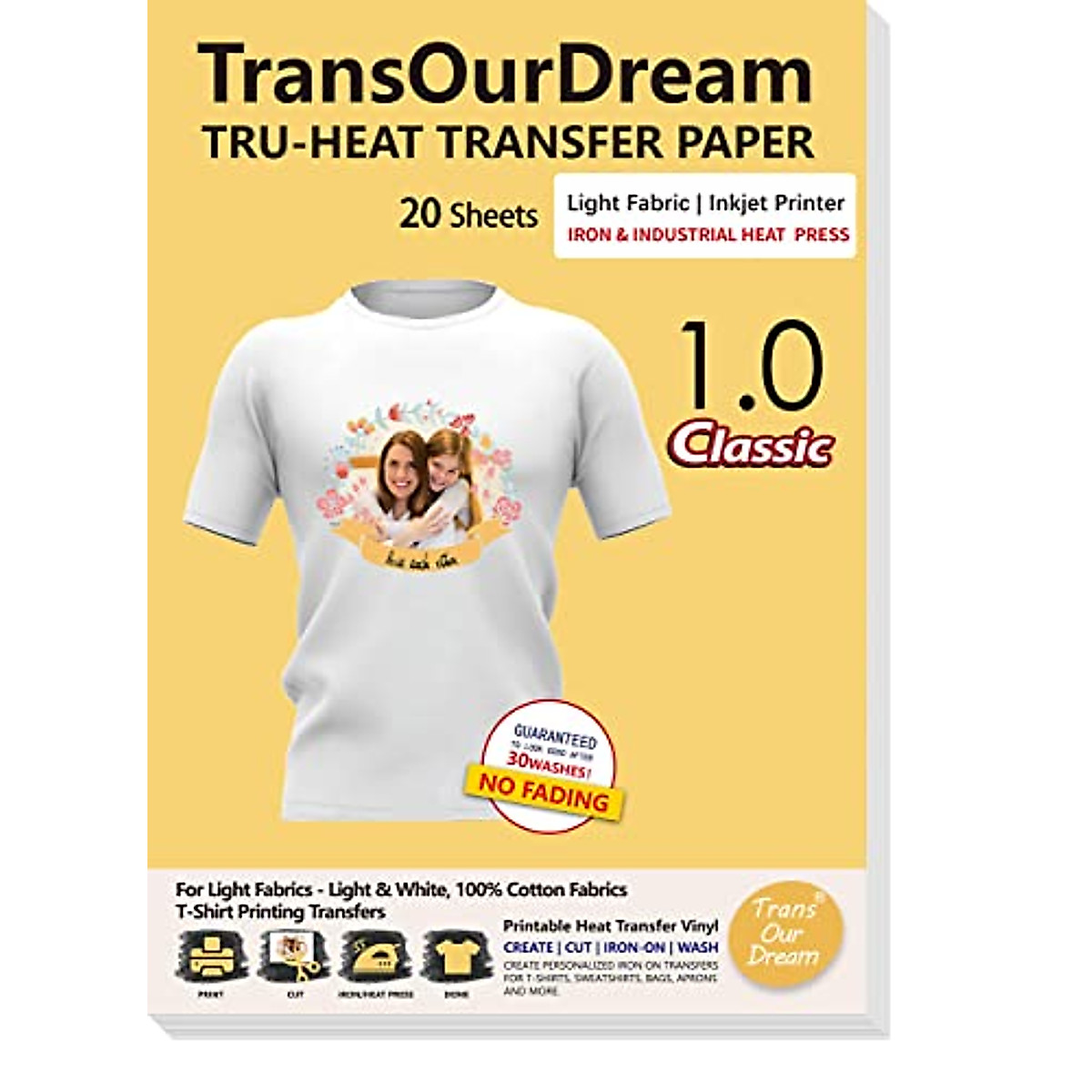 TransOurDream Heat Transfer Paper for Light T Shirts (20 Sheets, 8.5x11") Clear Iron on Transfer Paper for Light &White Fabrics Printable Heat Transfer Vinyl for Inkjet Printer (Trans-1)