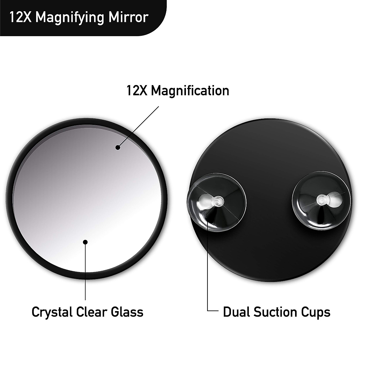 REVELÉ 12X Magnifying Makeup Mirror, Portable Round Hand Mirror with 2 Suction Cups for Wall Mounting, Use for Makeup Application, Tweezing, and Blackhead/Blemish Removal