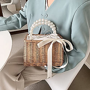 Fashion Straw Bags for Women Beach Rattan Woven Tote Handbags Ladies Summer Top-handle Bags Wicker Purse with Pearl Ornaments (B)