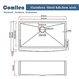 Comllen Commercial 33 Inch 304 Stainless Steel Farmhouse Sink, Single Bowl Kitchen Sink 16 Gauge 9 Inch Deep Handmade Undermount Kitchen Apron Sink Farm Sink