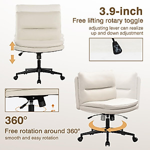 YASHFU Armless Leather Wide Office Desk Chair with Wheels: Cute Criss Cross Chair with Wheels, Leather Comfy Adjustable Swivel Computer Task Chairs for Home, Office,Make Up,Bed Room (Beige)