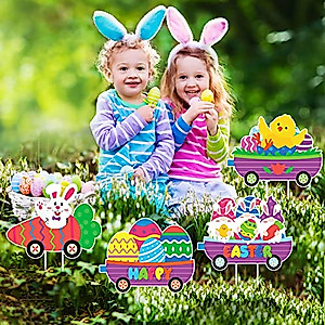 4 Pcs Easter Yard Signs with Stakes Happy Easter Yard Decorations Outdoor Train Easter Lawn Signs Bunny Carrot Gnomes Chick Easter Egg Garden Sign for Easter Lawn Decorations Party Supplies Props