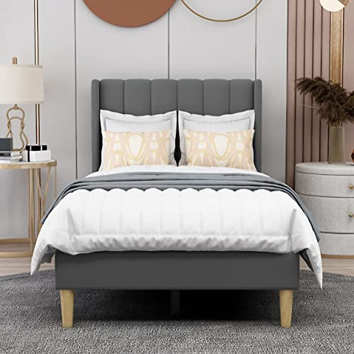 AGARTT Upholstered Platform Bed Frame Twin Size with Headboard Wooden Slats Support/No Box Spring Needed/Easy Assembly,Grey