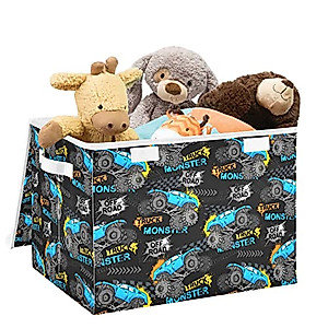 DOMIKING Monster Truck Tires Toy Storage Trunk with Lid Collapsible Storage Box Organizer with Handles for Bedroom Living Room Kid's Room