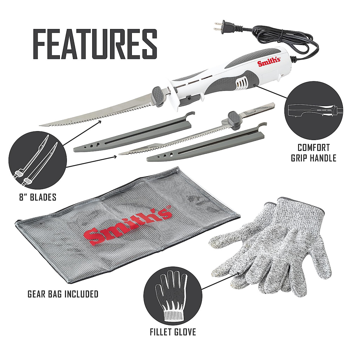 Smith's Lawaia Electric Fillet Knife 51233-2 Removable 8” Serrated Stainless Steel Blades w/Sheath - Fillet Glove & Mesh Storage Bag - Fishing, Outdoor, Hunting Electric Knife - 6 ft Power Cord, White