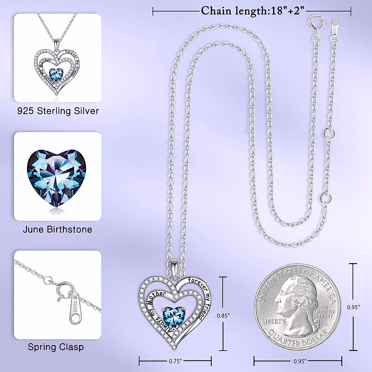 Iefil Mom Birthstone Necklaces Gifts for Mom, Sterling Silver Birthstone Jewelry Mom Mothers Valentines Day Anniversary Christmas Birthday Gifts for Mom June Alexandrite Necklace Jewelry