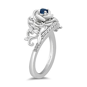 Jewelili Enchanted Disney Fine Jewelry Sterling Silver with 1/6 CTTW Diamond and London Blue Topaz Cinderella 70th Anniversary Gardenia Flower Ring Size 6