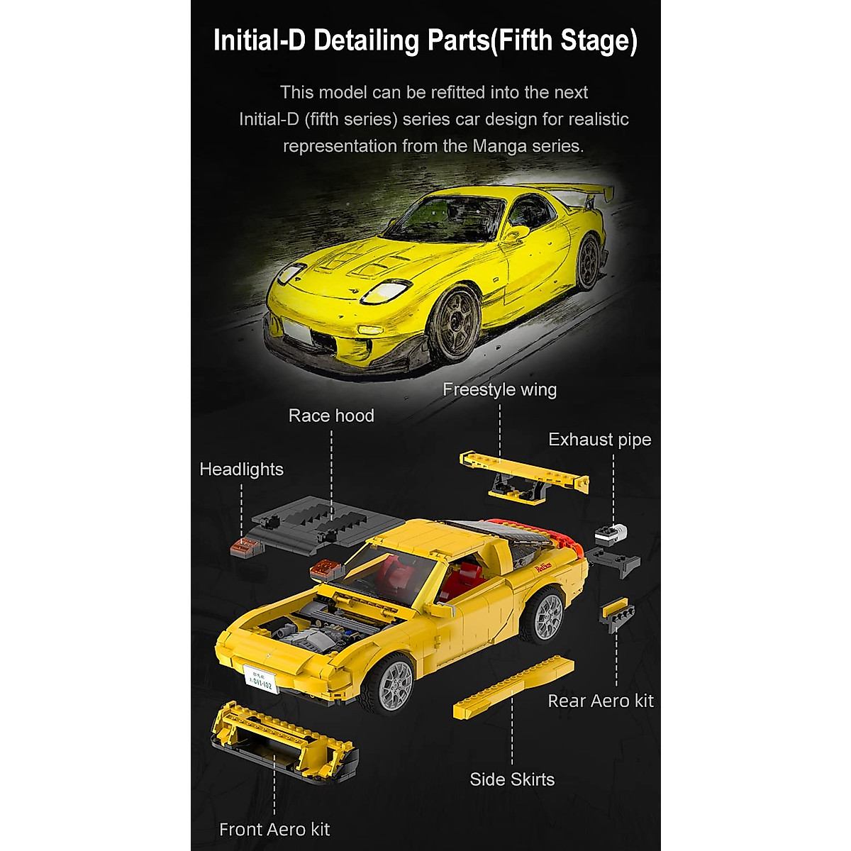 dOMOb Mazda RX-7 FD3S Car Building Kit – Initial-D 25th Anniversary – Realistic Model 1:12 Simulated Build – 1655 pcs Blocks – CaDA Bricks Toys for 8+ Age Kids & Adults – for Boys, Hobbyist, Collector