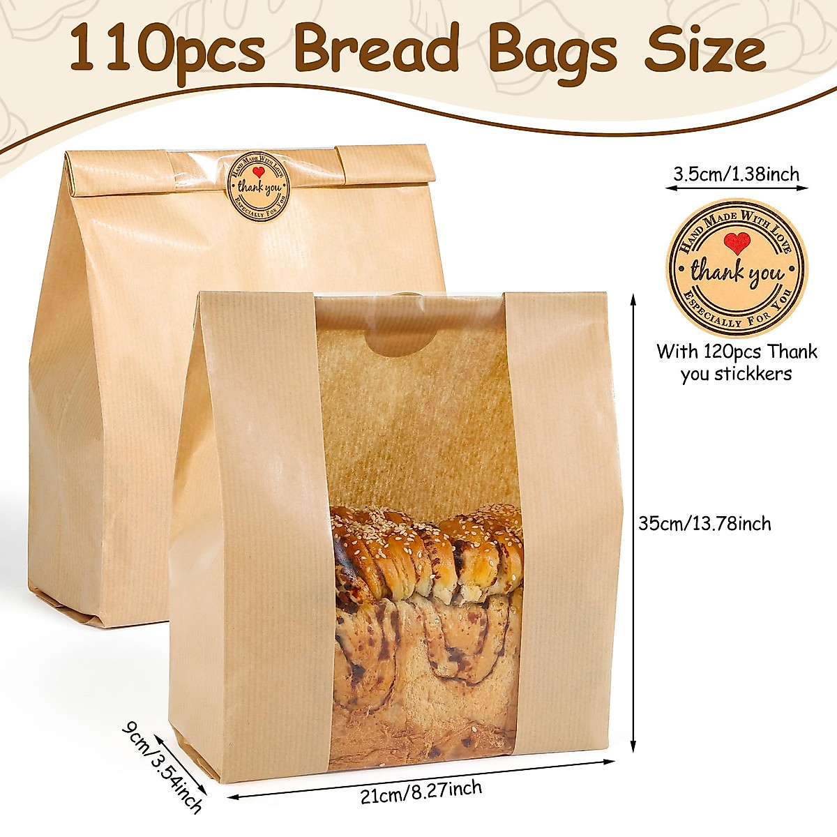110 Pcs Bread Bags for Homemade Bread With Window Sourdough, 13.78x8.27x3.54 in, Sublaga Paper Bread Bags with 120Pcs Sealing Stickers, Packaging and Storage of Baked Goods Suitable for Bakers (110)