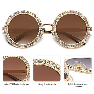 SOJOS Shining Oversized Round Rhinestone Sunglasses Festival Gem Sunnies SJ1095 with Gold Frame/Gradient Brown Lens with Crystal Diamonds