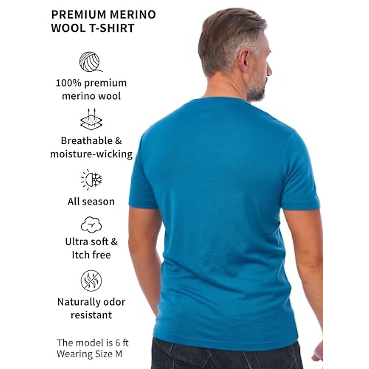 Merino Wool T-Shirt Mens - Short Sleeve Merino Wool Shirts for Men - Sport Merino Lightweight Base Layer Hiking Tshirt (Medium, Maya Blue)
