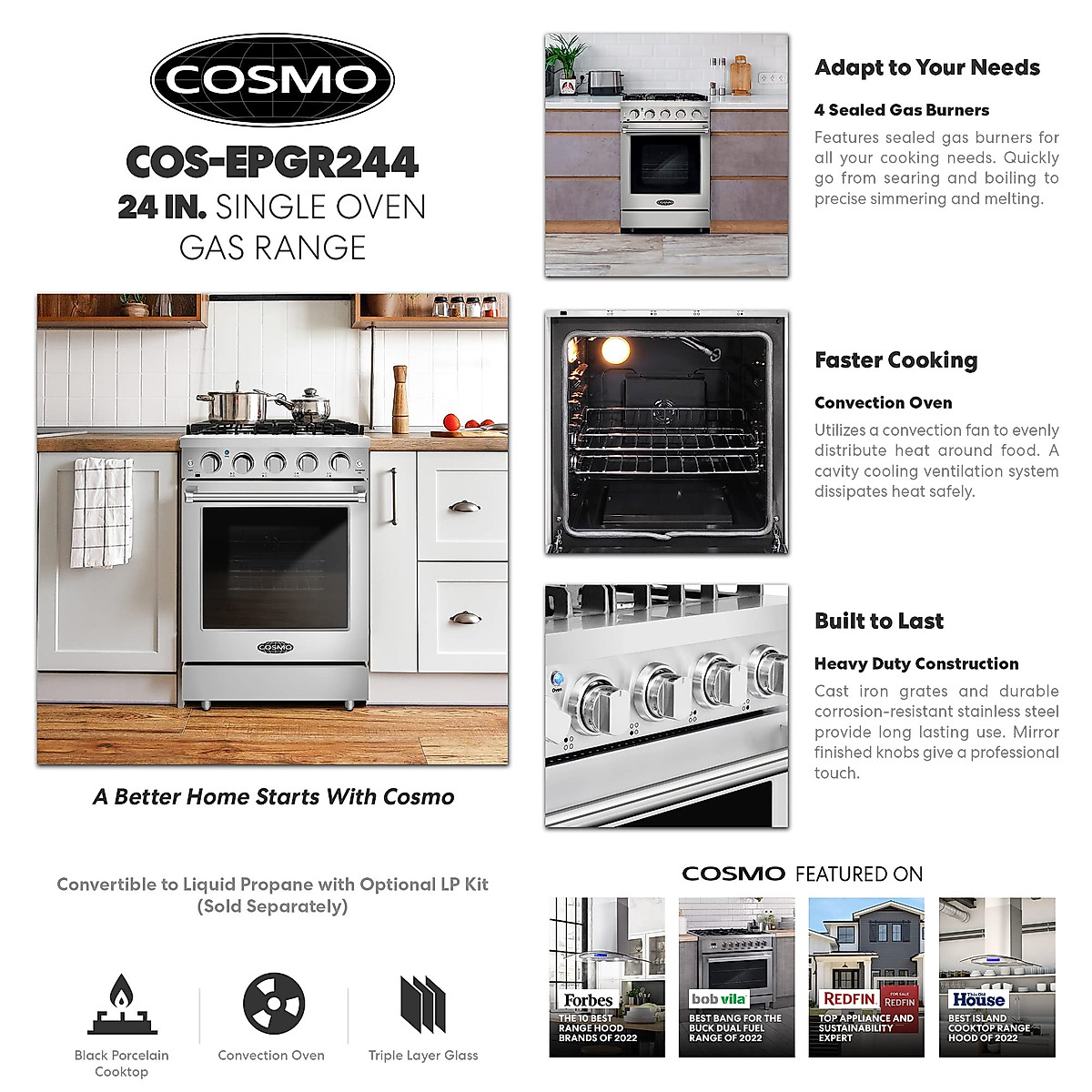 COSMO COS-EPGR244 24 in. Haven Collection 3.73 cu. ft. Gas Range with 4 Sealed Burners, Cast Iron Grates, Convection Oven, Stainless Steel