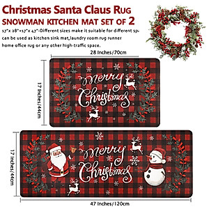 Capslpad Buffalo Plaid Christmas Kitchen Rugs Set of 2 Snowman Santa Claus Xmas Kitchen Floor Mats Non Slip Anti Fatigue Kitchen Mats for Floor Merry Christmas Cushioned Kitchen Rug Holiday Decor