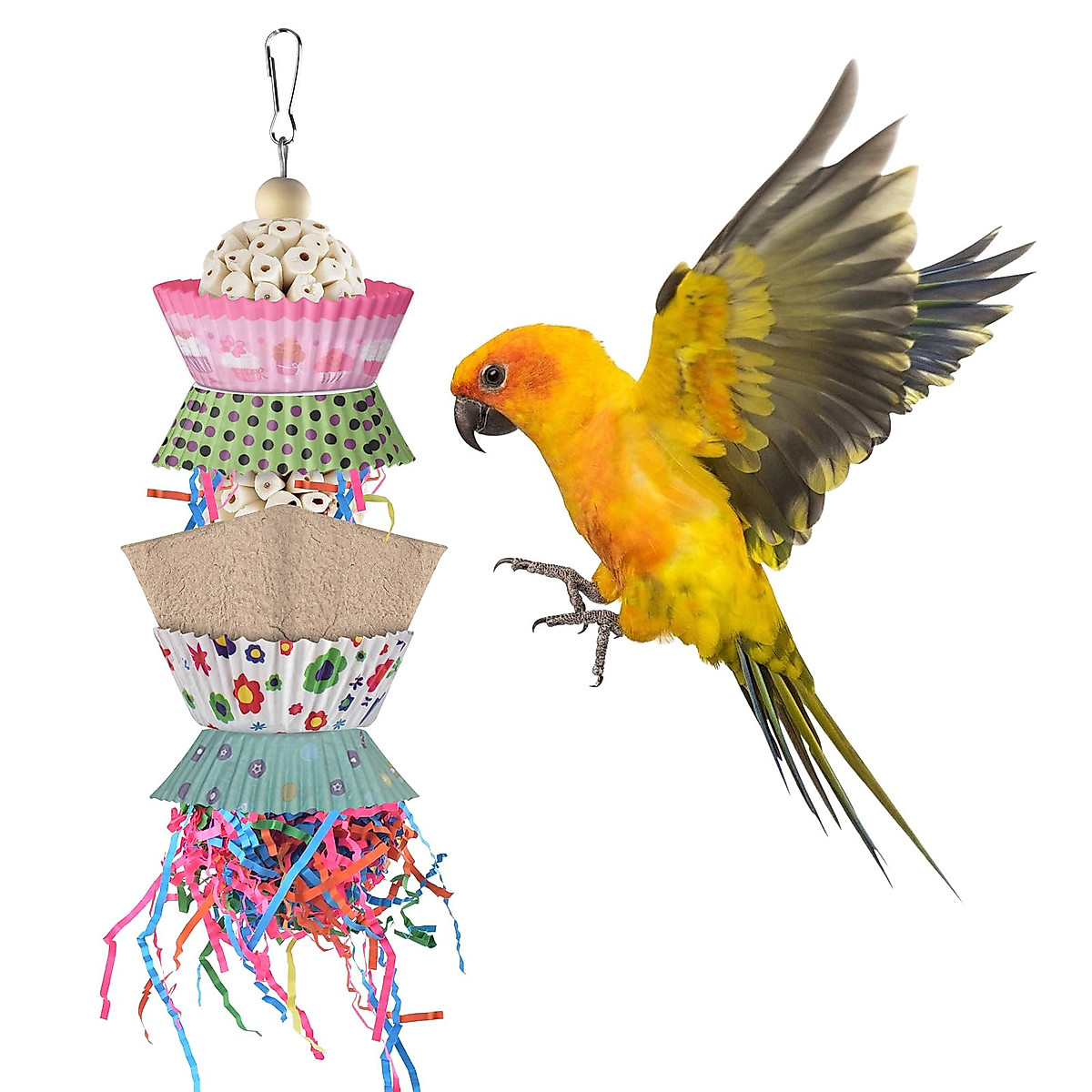Bissap Conure Toys, Bird Parrot Foraging Shredder Hanging Toys 2 Sola Balls Wooden Block Tassels with Bell for Small Parrots Parakeets Conures Cockatiels Love Birds Cage Toy