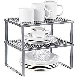 SONGMICS Cabinet Shelf Organizers, Shelf Organizer, Countertop Organizer, Shelf Riser, Stackable, Expandable, Set of 2 Metal Kitchen Counter Shelves, Silver UKCS01SV