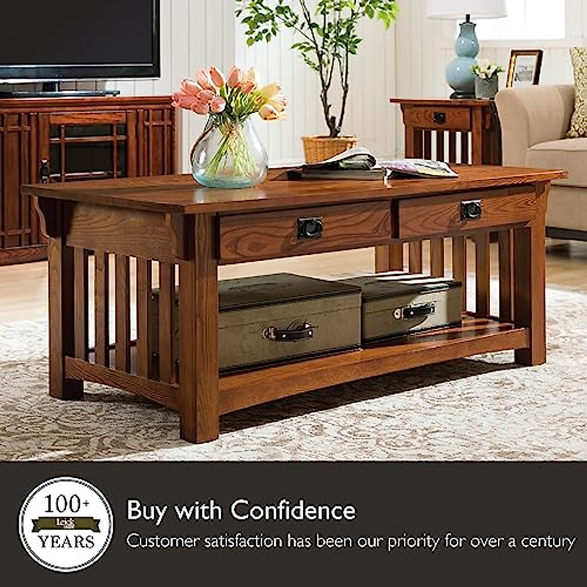 Leick Home 8204 Mission Impeccable Coffee Table for Living Room, Two Drawers and Shelf, Made with Solid Wood, Medium Oak Finish