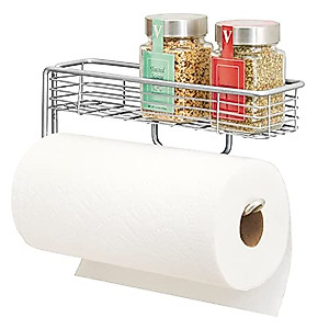 mDesign Wall Mount Metal Paper Towel Holder with Storage Shelf for Kitchen, Pantry, Laundry, Garage Organization - Shelf Holds Spice Bottles, Glass Jars, Oils and Vinegars - Chrome