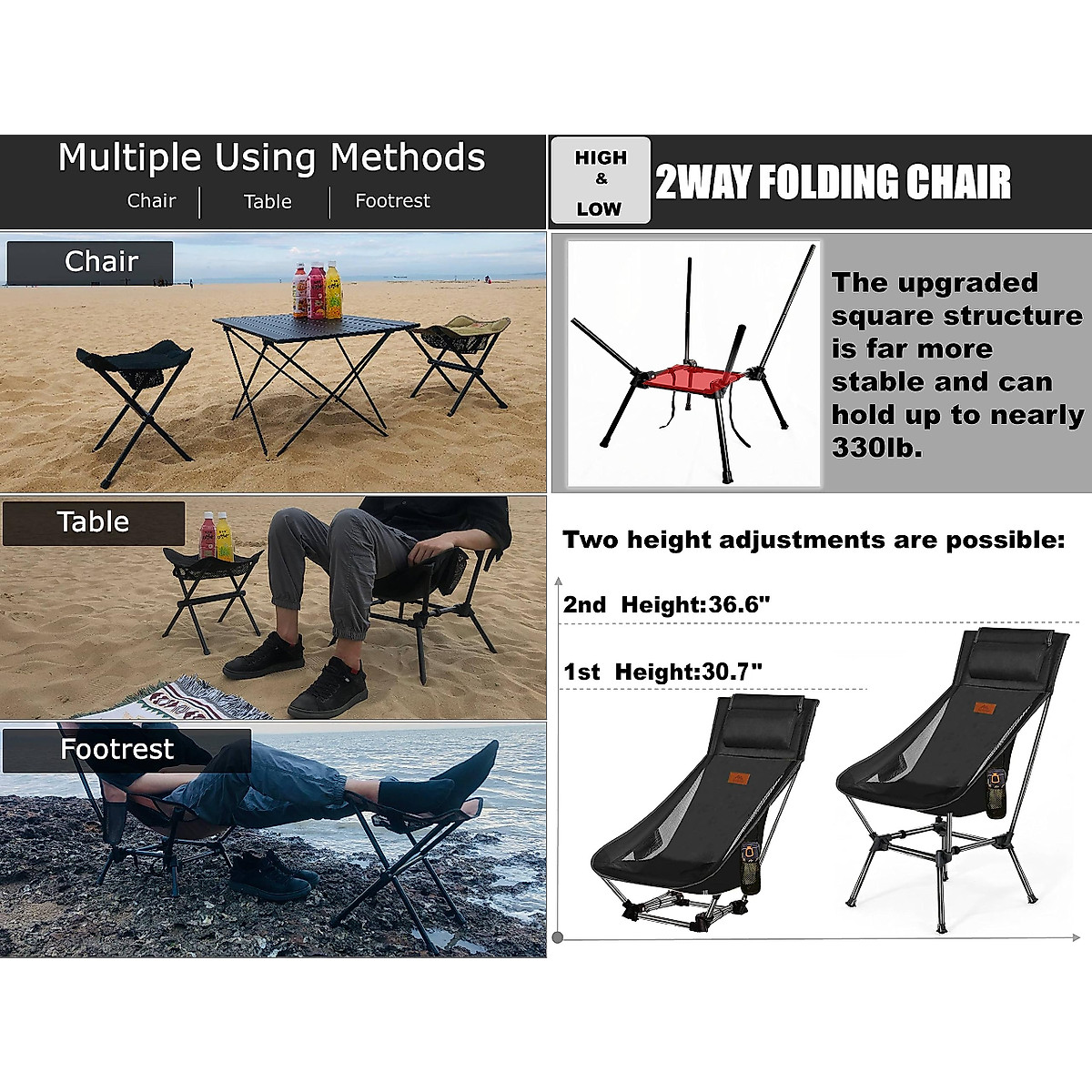 AnYoker Camping Chair, 2 Way Compact Backpacking Chair, Portable Folding Chair, Beach Chair with Side Pocket, headrest and Foot Rest, Lightweight Hiking Chair 01666 （Blue）