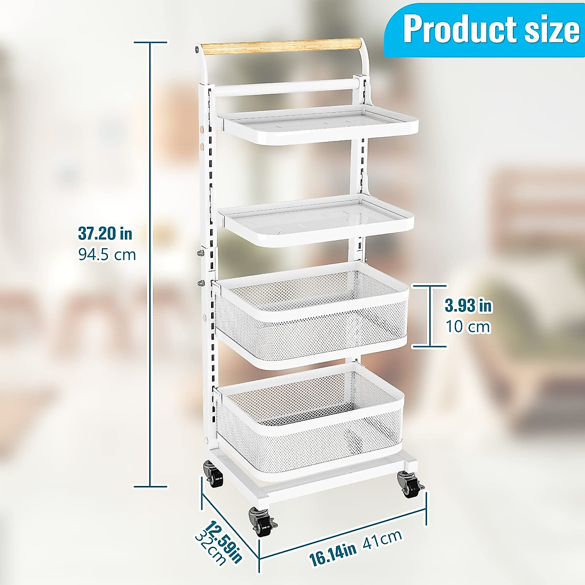 7 code 4 Tier Rolling Utility Cart, Multifunctional Detachable Utility Storage Cart for Kitchen, Rolling Metal Organization Cart with Handle & Lockable Wheels, White