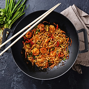 Cast Iron Wok with Handle - Seasoned 14 Inch Flat Bottom Wok for Deep Frying Pan with Flat Base for Stir-Fry, Grilling, Frying, Steaming - For Authentic Asian, Chinese Food