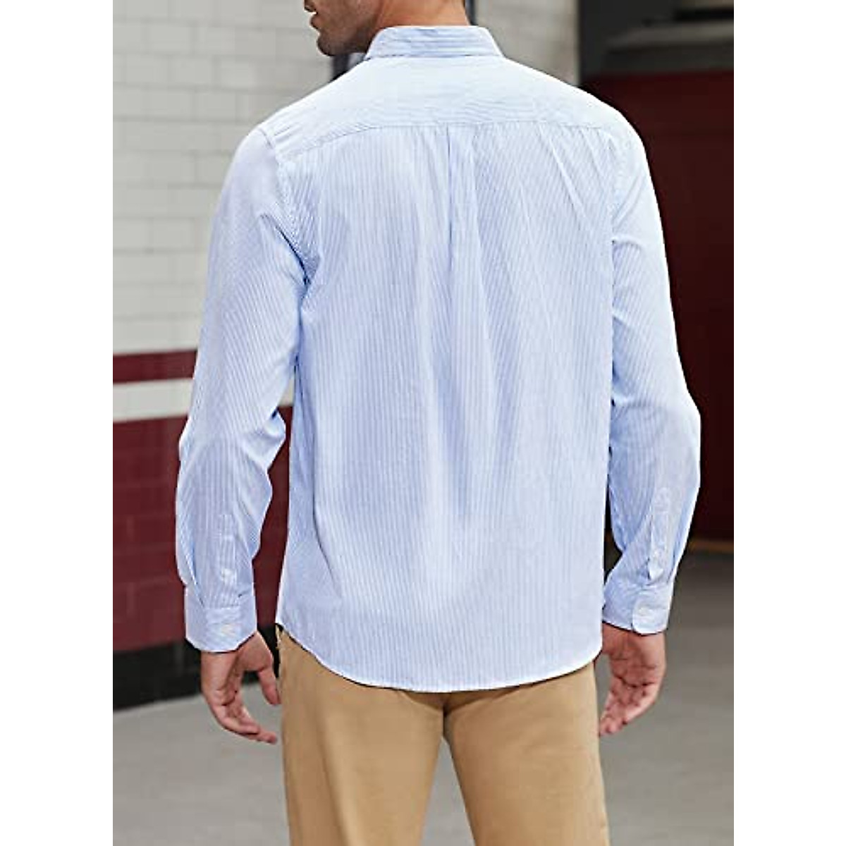 Renaowin Mens Dress Shirt with Front Pocket Regular Fit Pinpoint Stripe Button Down Long Sleeve Shirts US 40(M) Sky Blue