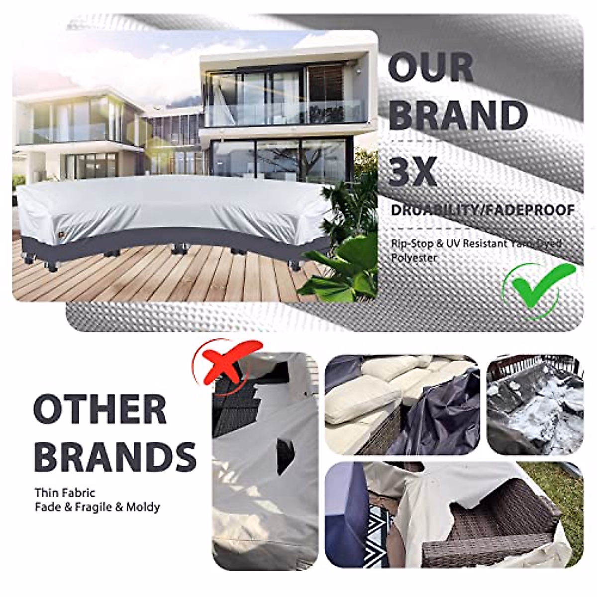 6-8 Seater 190" Curved Outdoor Patio Sectional Sofa Couch Covers Waterproof Heavy Duty Fadeless 600D Weatherproof Garden Outside Sectional Set Furniture Cover,190"/128"Lx36"Wx39"/24"H