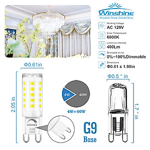 winshine G9 LED Bulb Dimmable 6000K Daylight 4W, 40Watt G9 Halogen Equivalent G9 Bi Pin Base,T4 Chandelier Lighting No-Flicker Light Bulb 120V AC 5 Pack