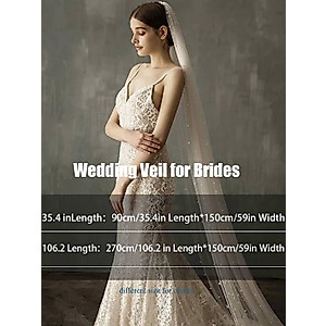 HEREAD Pearl Bride Wedding Veil White Fingertip Cathedral Bridal Tulle Veils Hair Accessories with Comb and Cut Edge (35.4“ Length)