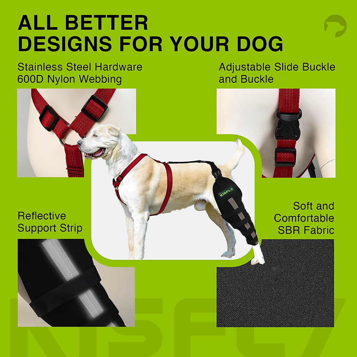 KISFLY Rear Leg Braces for Dogs Luxating Patella Joint Pain Dog Knee Brace for Torn ACL Hind Leg with Reflective Support Strip Both Legs L