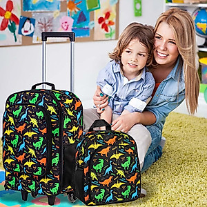 ZLYERT 2PCS Kids Luggage, Boys Carry on Rolling Suitcase and 12" Backpack Set, Dinosaur Travel Suitcases for Toddler Children - Black